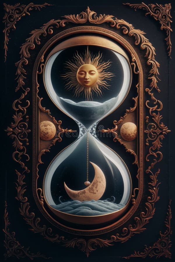 Ornate Hourglass with Sun and Moon Design Amidst Cosmic Elements in ...