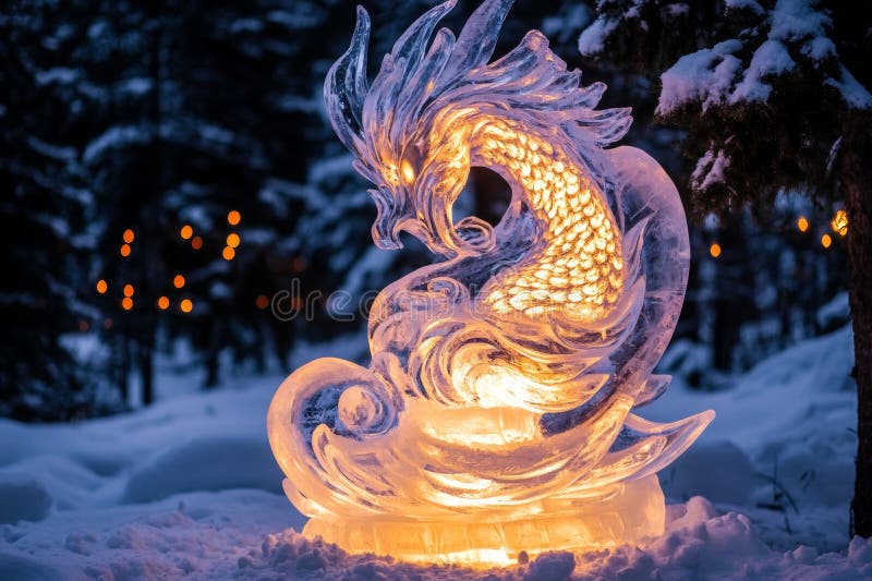 An Ornate Ice Sculpture of a Mythical Creature is Displayed in a Snowy ...