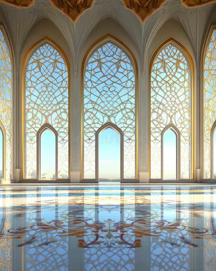 Ornate Interior with Arched Windows and Sky Reflections in a Luxurious ...