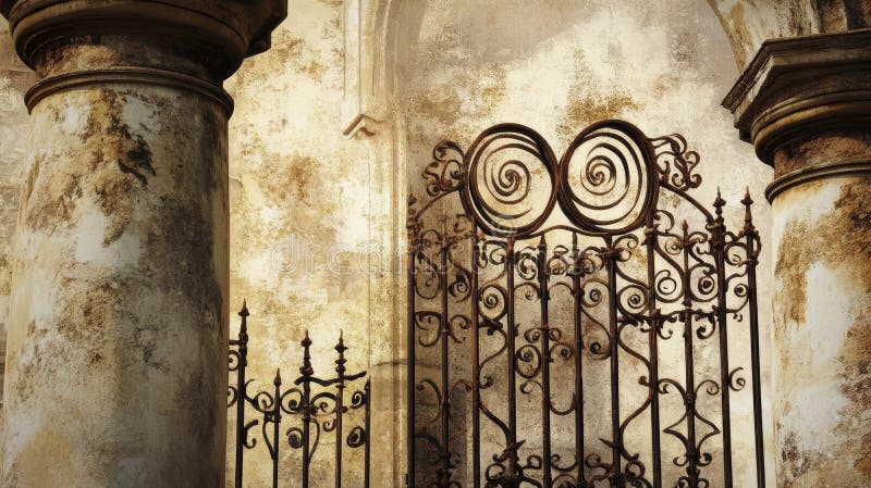 Ornate Iron Gate Design with Weathered Stone Columns and Texture Stock ...