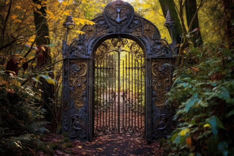 Ornate Iron Gate Opening To a Hidden Path Stock Illustration ...