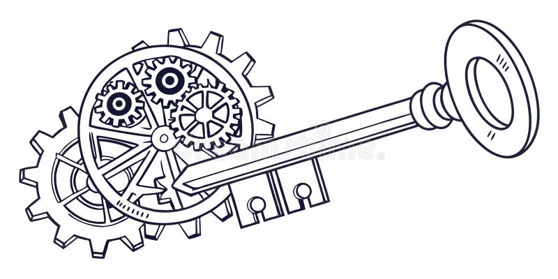 Ornate Key with Gears, Symbol of Complex Solutions, Vector Design ...