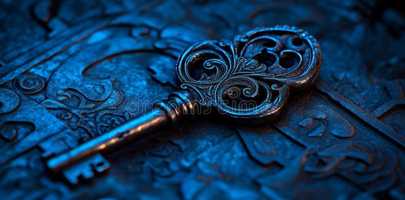 An Ornate Key with a Red-tinged Bow Sits on an Intricate Black ...