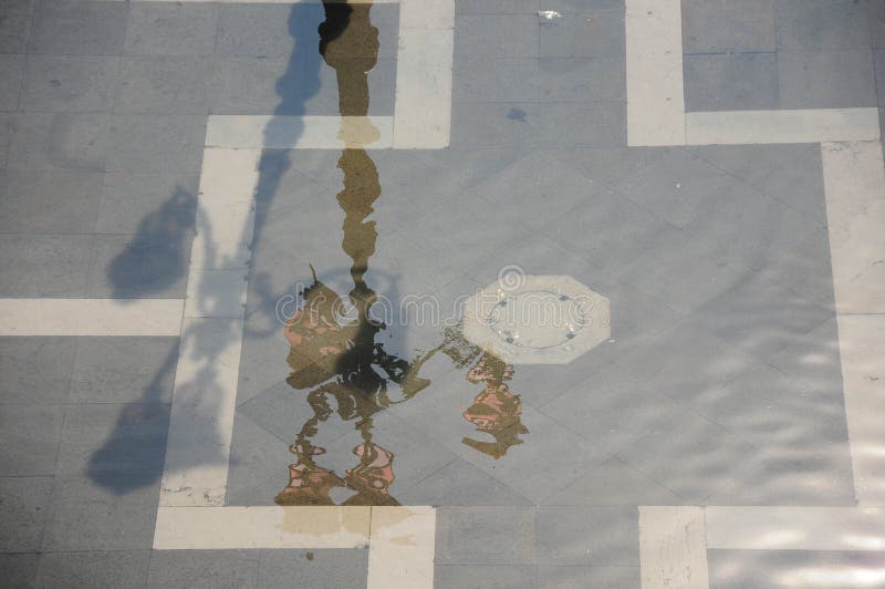 Ornate Lamp Post Reflection on Wet Cobblestones with Light and Shadow ...