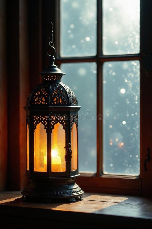 Ornate Lantern Casting a Soft Glow on a Frosted Windowpane , Window ...