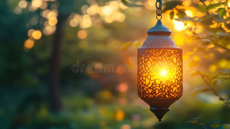 Ornate Lantern Glowing at Sunset in Garden Stock Illustration ...