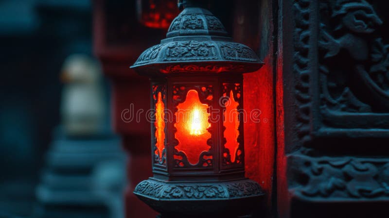 Ornate Lantern Glows Red Light in Dark Setting Stock Illustration ...