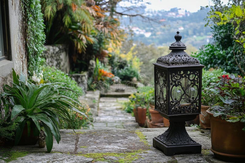 Ornate Lantern Standing on Stone Path in a Beautiful Garden Setting ...