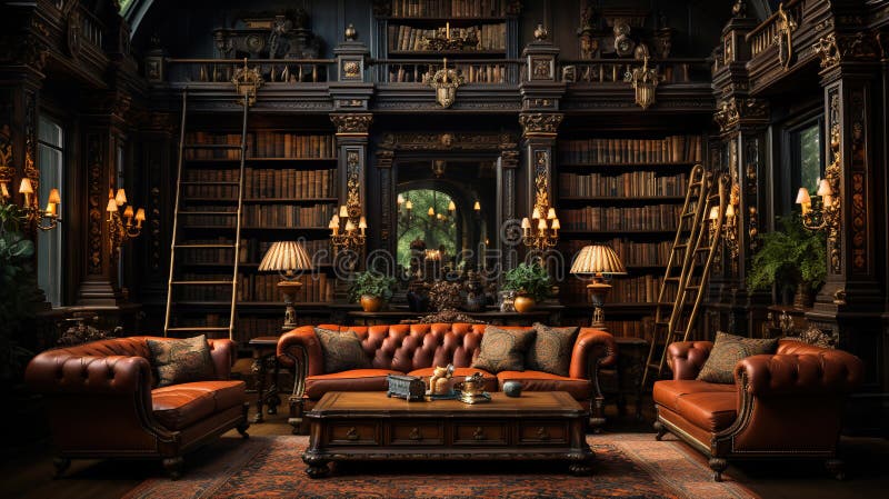 An Ornate Library with a Couch and Black Bookshelves Dark Theme ...