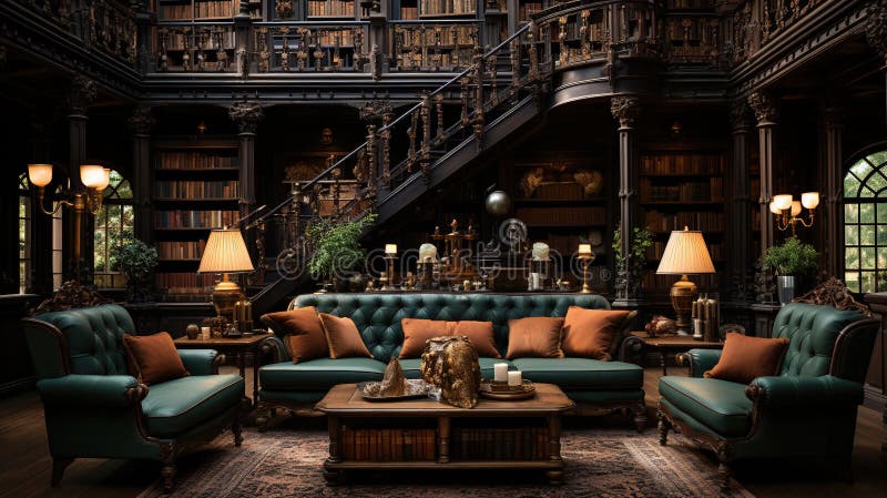 An Ornate Library with a Couch and Black Bookshelves Dark Theme ...