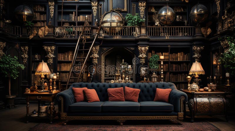 An Ornate Library with a Couch and Black Bookshelves Dark Theme ...