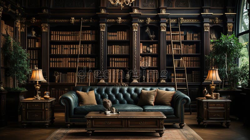 An Ornate Library with a Couch and Black Bookshelves Dark Theme ...