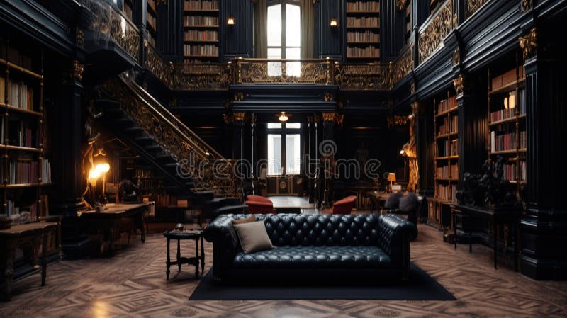 An Ornate Library with a Couch and Black Bookshelves Dark Theme ...