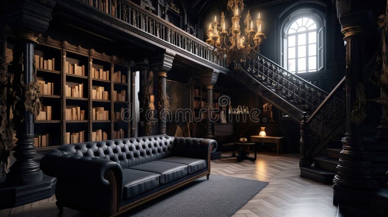 An Ornate Library with a Couch and Black Bookshelves Dark Theme ...