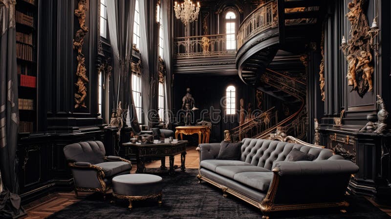 An Ornate Library with a Couch and Black Bookshelves Dark Theme ...