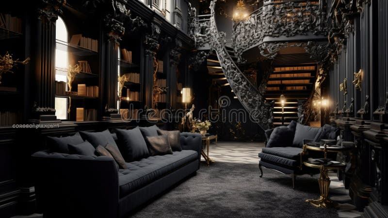 An Ornate Library with a Couch and Black Bookshelves Dark Theme ...