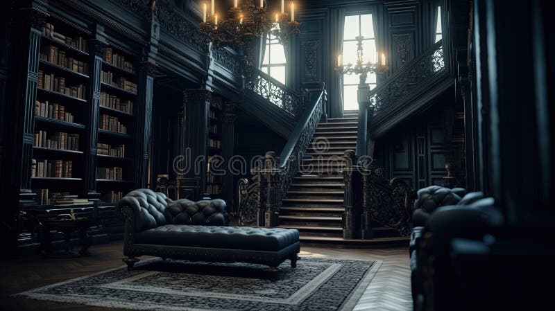 An Ornate Library with a Couch and Black Bookshelves Dark Theme ...