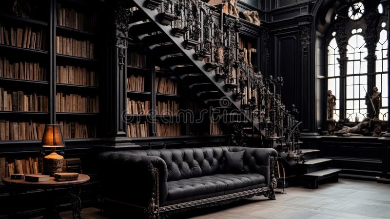 An Ornate Library with a Couch and Black Bookshelves Dark Theme ...