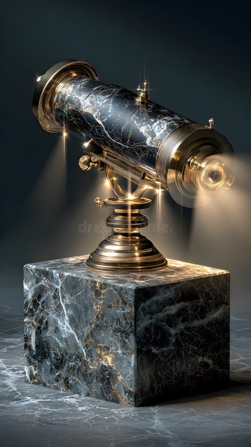 Ornate Marble and Gold Telescope Gleaming Under Focused Light on a ...