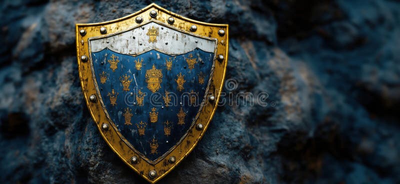 Ornate Medieval Shield with Blue and Gold Design Mounted on Rocky ...