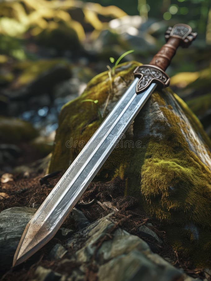 Ornate Medieval Sword in the Forest Stock Illustration - Illustration ...