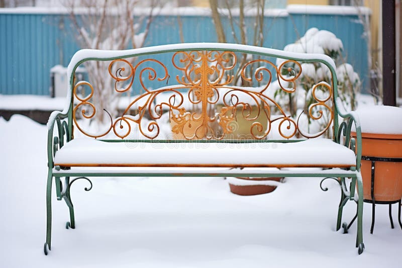 Ornate Metal Bench Covered in Snow, Garden Setting Stock Illustration ...