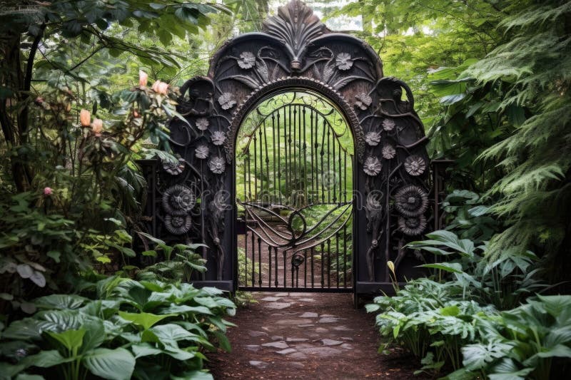Ornate Metal Gate Leading To a Hidden Garden Path Stock Illustration ...
