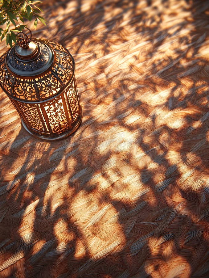 Ornate Metal Lantern Casting Shadows on a Woven Surface with Foliage in ...