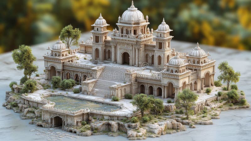 Ornate Miniature Palace Model with Domes and Pool on Stone Platform ...