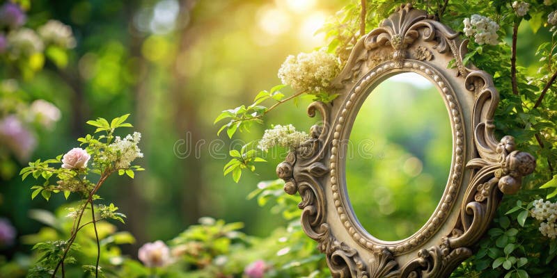 Ornate Mirror Frame Nestled in a Blooming Garden, Reflecting Sunlight ...