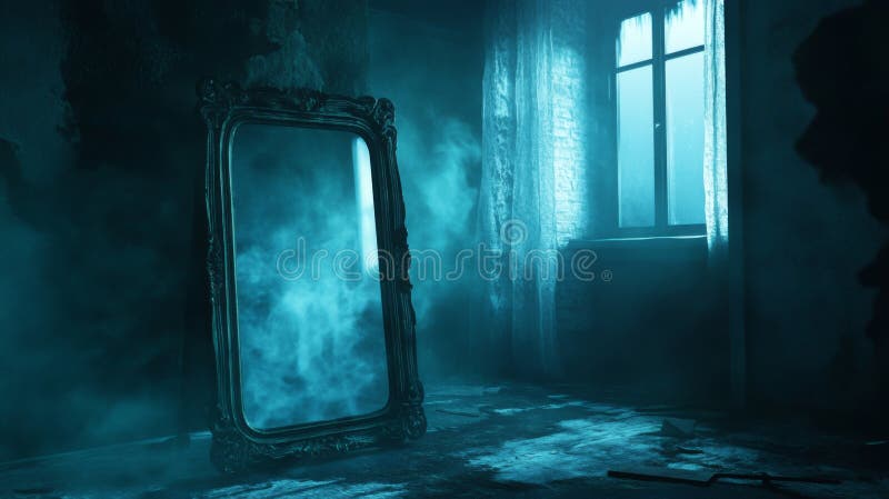 An Ornate Mirror Reflecting Fog in a Dark Room Stock Illustration ...