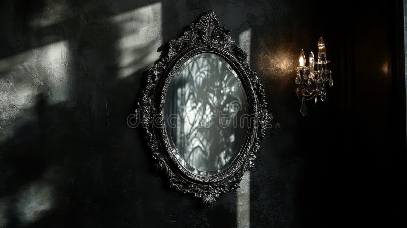 Ornate Mirror Reflecting Shadows in a Dark Room Stock Illustration ...