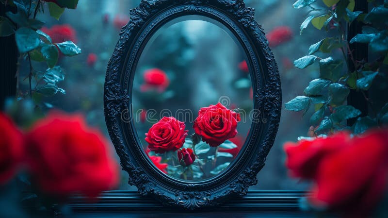 Ornate Mirror Reflection Roses Dark Wooden Surface Stock Photos - Free ...