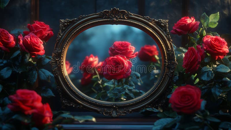 Ornate Mirror with Reflection and Roses on Dark Wooden Surface Stock ...