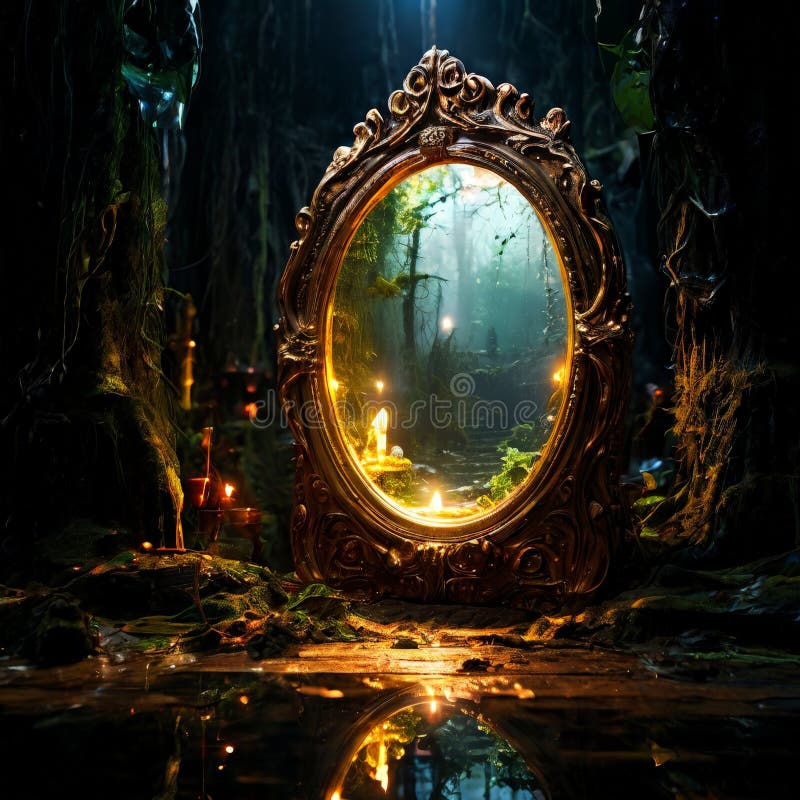 Enchanted Mirror Reflecting Magical Forest Scene Stock Image - Image of ...