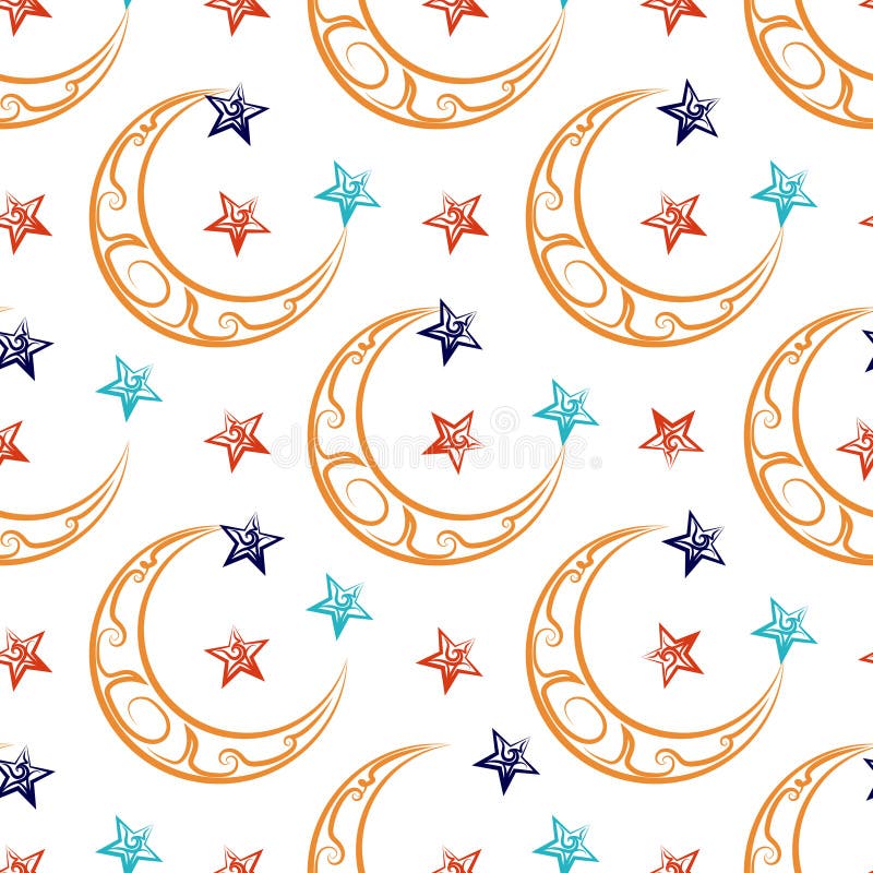 Ornate Moon and Stars Seamless Pattern Stock Vector - Illustration of ...