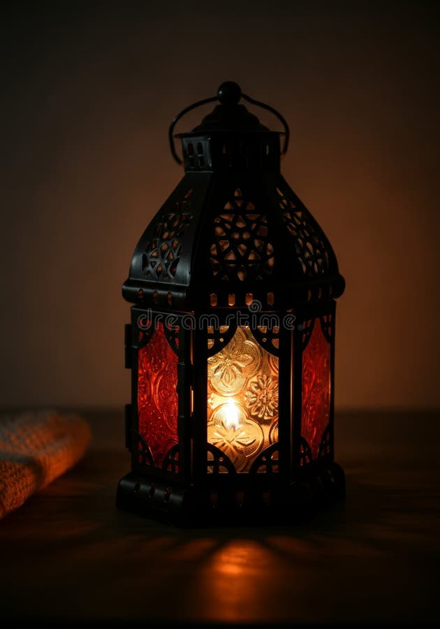 Ornate Moroccan Lantern with Lit Candle and Intricate Red Glass ...