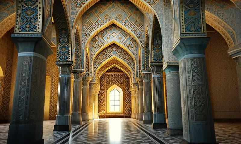 Ornate Mosque Interior, Sunlit Hallway, Arched Ceilings, Patterned ...