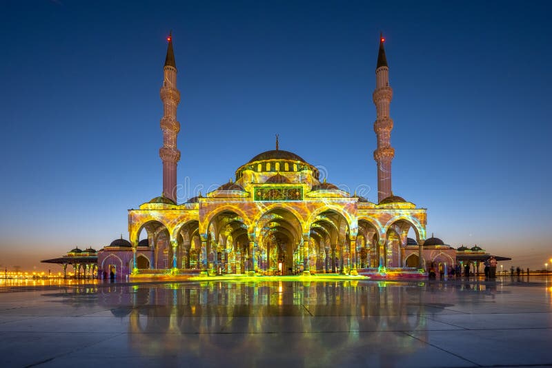 Sharjah Grand Mosque stock image. Image of illumination - 290742749