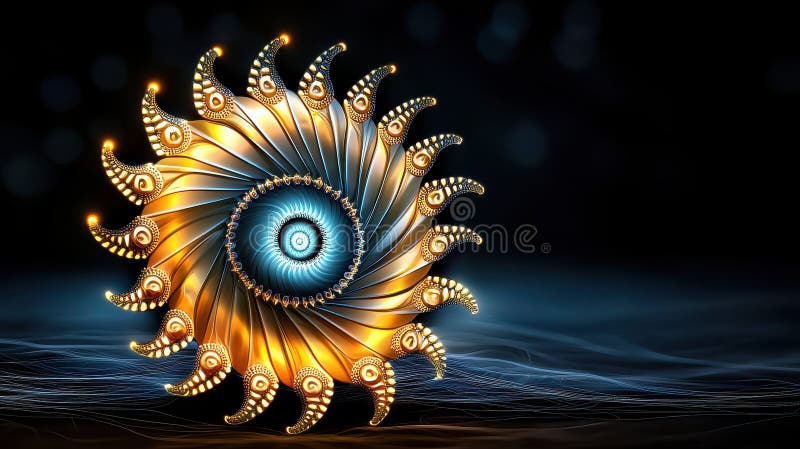Ornate Nautilus Shell with Spirals and Illuminated Patterns on Dark ...