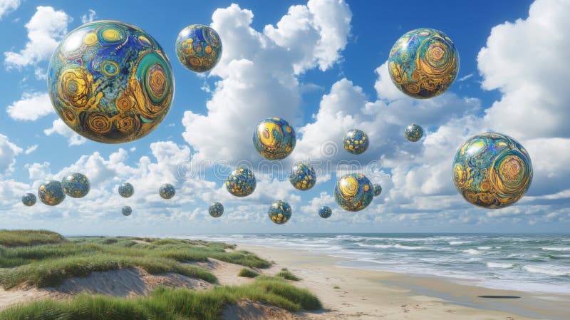 Ornate Orbs Floating Above a Sunny Beach Stock Illustration ...