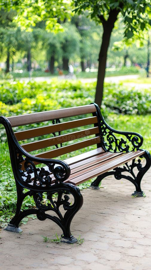 Ornate Park Bench on Stone Path in Lush Green Park Setting Stock Photo ...