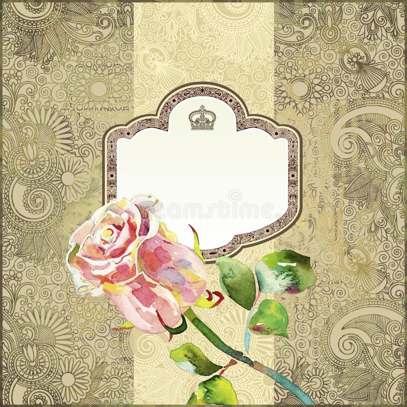Ornate Pattern with Pink Watercolor Rose Stock Vector - Illustration of ...