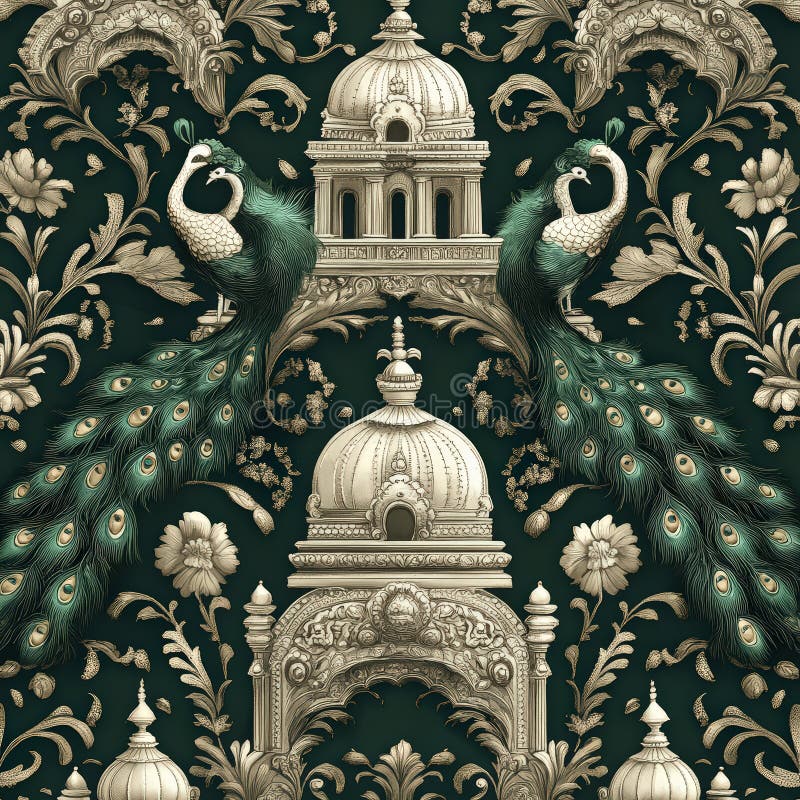Ornate Peacock Pattern with Architectural Details on Dark Background Stock Photo - Image of ...