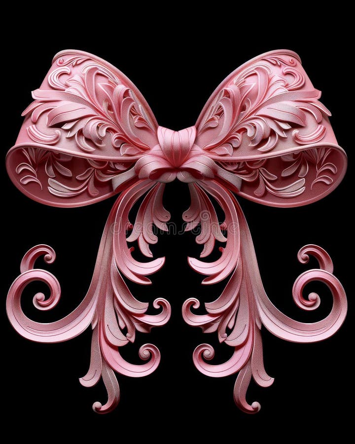 Ornate Pink Bow with Intricate Scroll Design on Black Background Stock ...