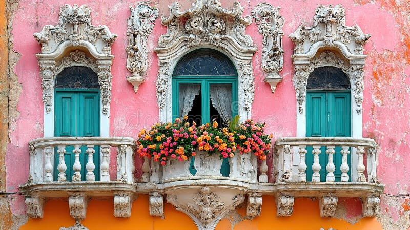Ornate Pink Building Balconies with Flowers Stock Illustration ...