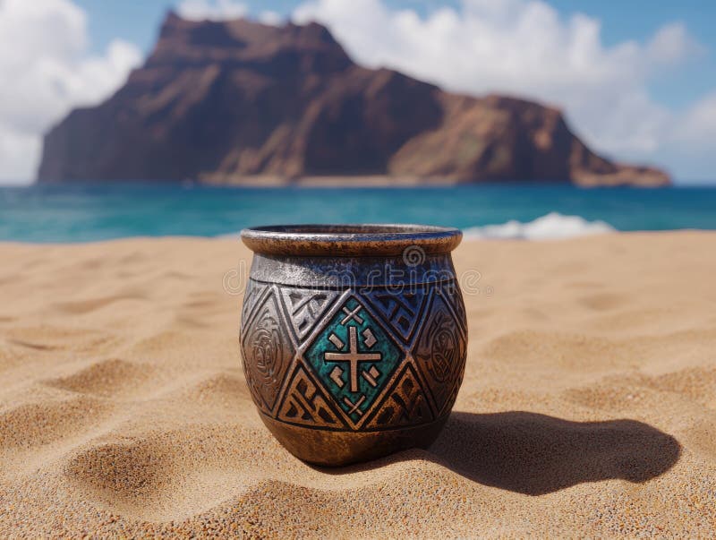Ornate Pot on a Sandy Beach with a Mountain Backdrop. Stock ...