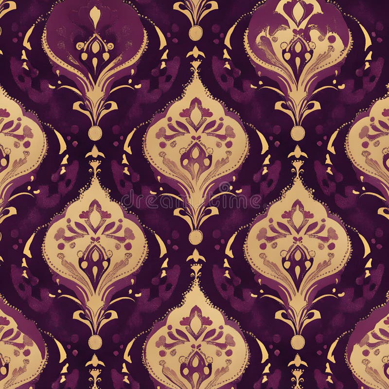 Ornate Purple and Gold Damask Pattern with Floral Motifs for Decorative ...