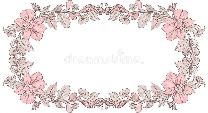 Ornate Rectangular Floral Frame with Pink Flowers and Intricate Leaf ...