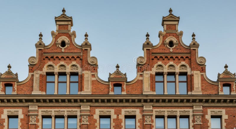 Ornate Red Brick Building Facade with Symmetrical Windows Stock ...